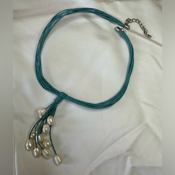 Jewelry | Leather And Hanging Pearl Necklace Teal | Poshmark